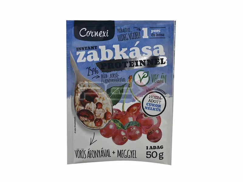CORNEXI VÖRÖS ÁFONYÁS-MEGGYES PROTEINES ZABKÁSA ÉDESÍTŐSZERREL - VEGÁN ...